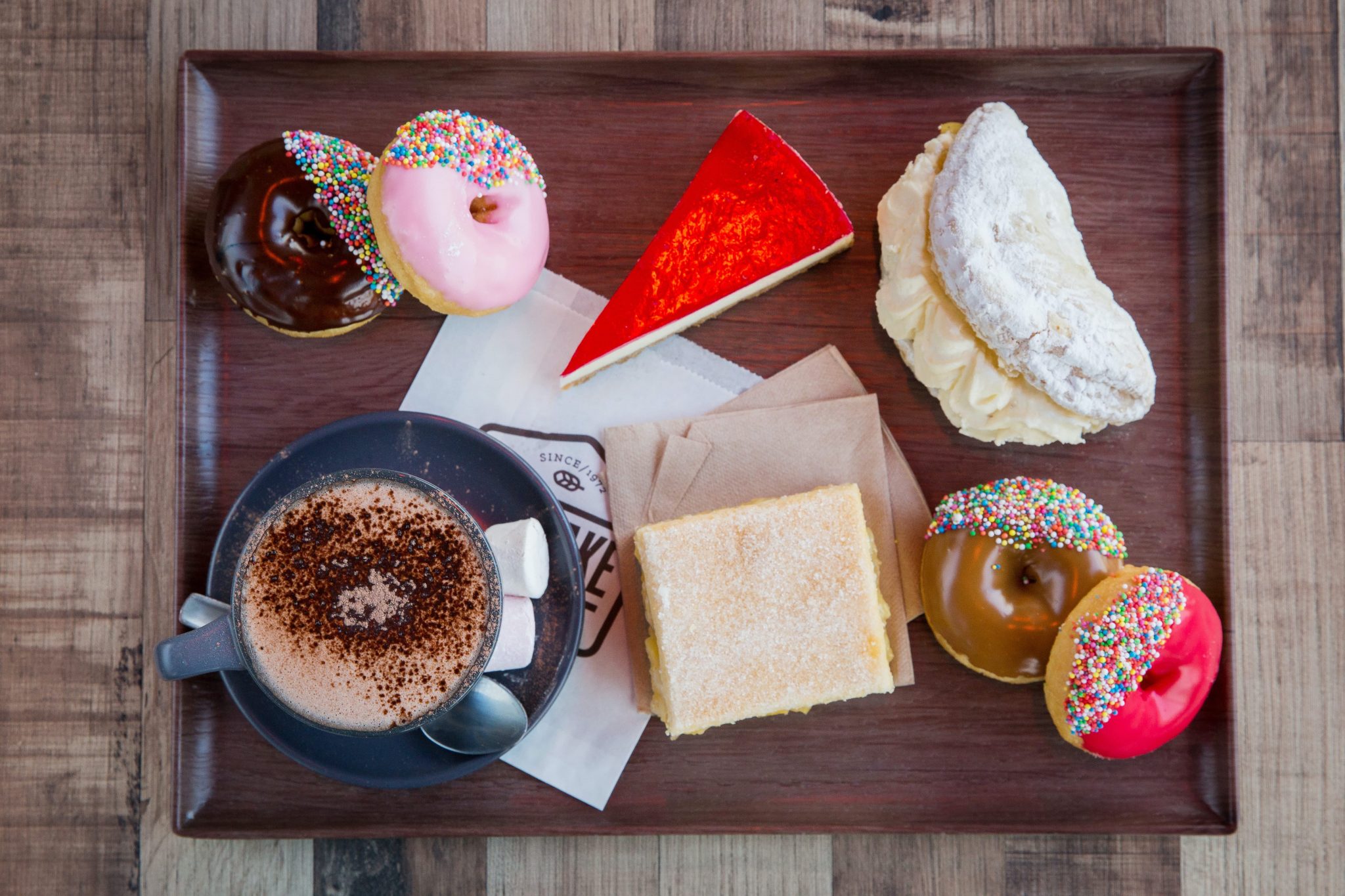 Tray of bakery goods and a hot chocolate | Hotbake
